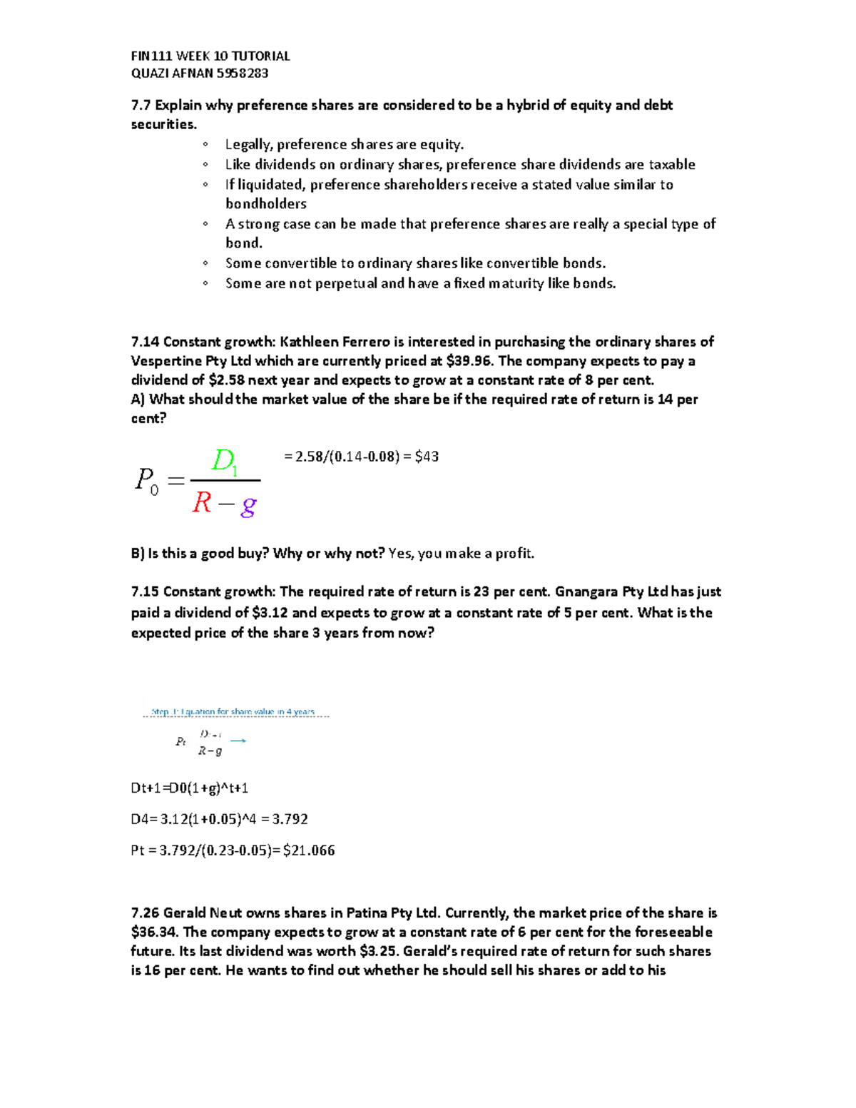 Fin111week10 - Week 10 Tutorial FIN111 - Warning: TT: undefined function: 32 FIN111 WEEK 10 ...