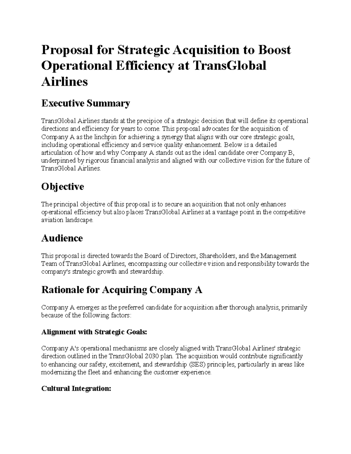 Acquisition proposal - n/a - Proposal for Strategic Acquisition to ...