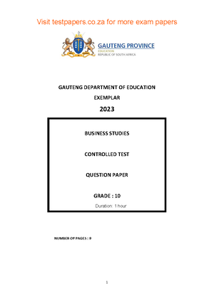 Gr 10 Business Studies Controlled Test 2 2023 Question Paper - GAUTENG ...