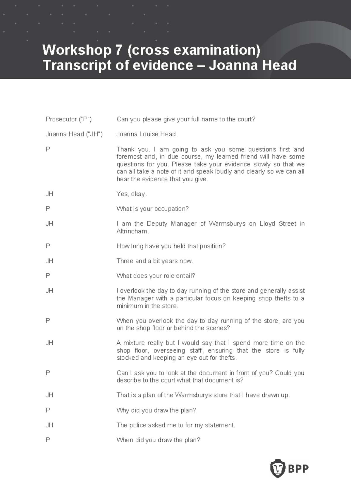 BTC2 XX W7 Apply R v. Purdy EIC of Joanna Head - Workshop 7 (cross ...