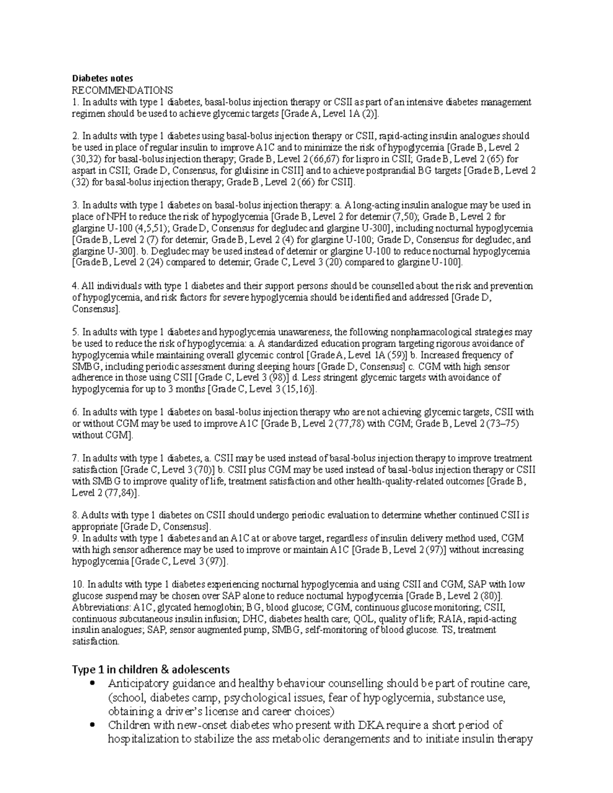 Diabetes notes - Diabetes notes RECOMMENDATIONS In adults with type 1 ...