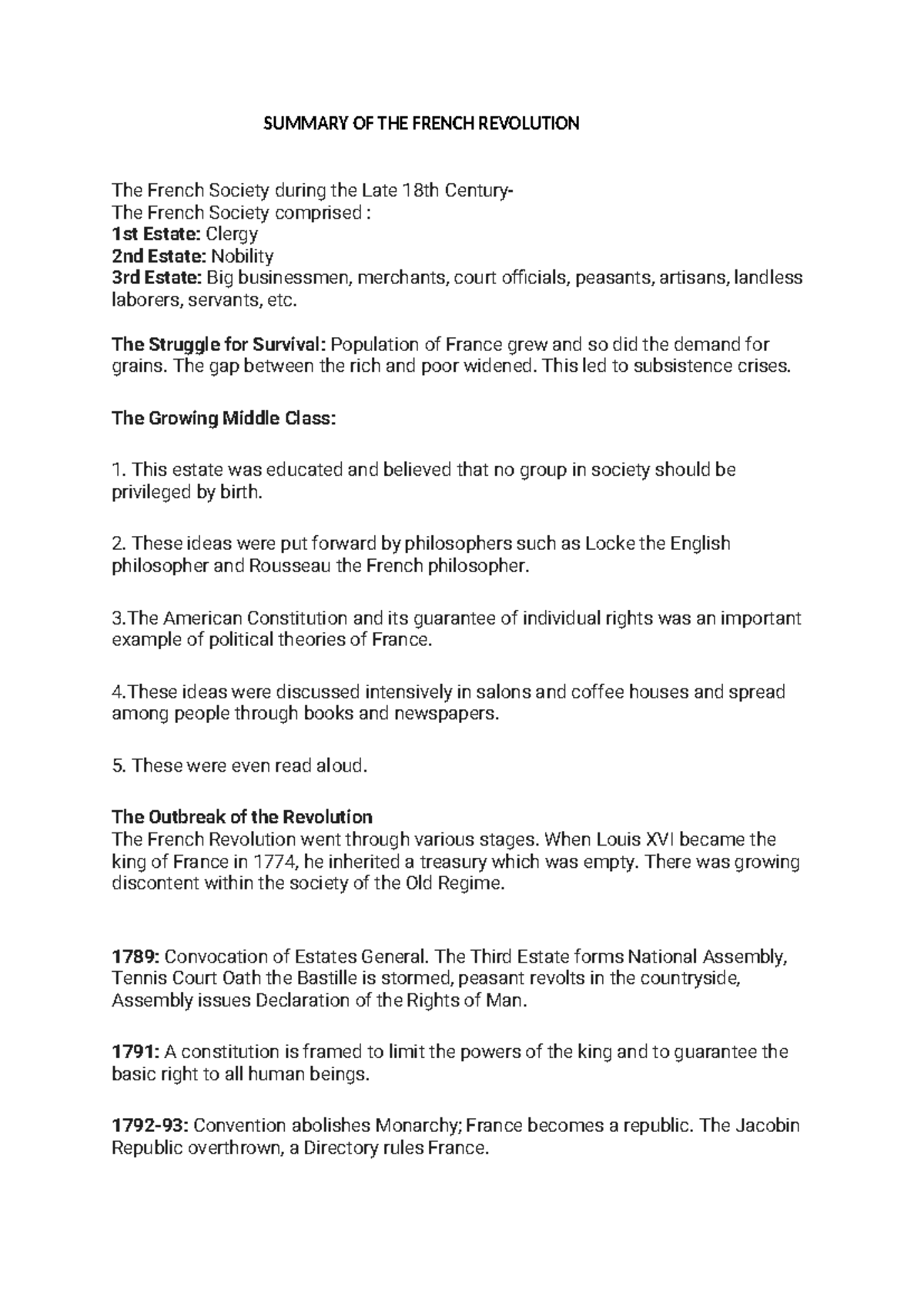 Summary OF THE French Revolution - SUMMARY OF THE FRENCH REVOLUTION The ...