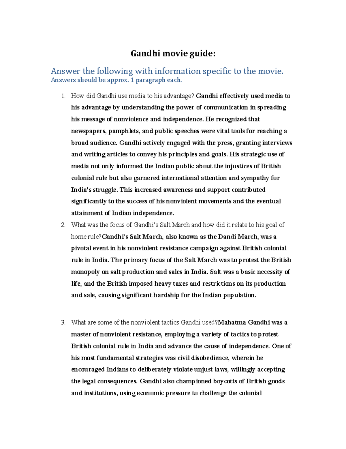 Gandhi movie guide - Gandhi movie guide: Answer the following with ...