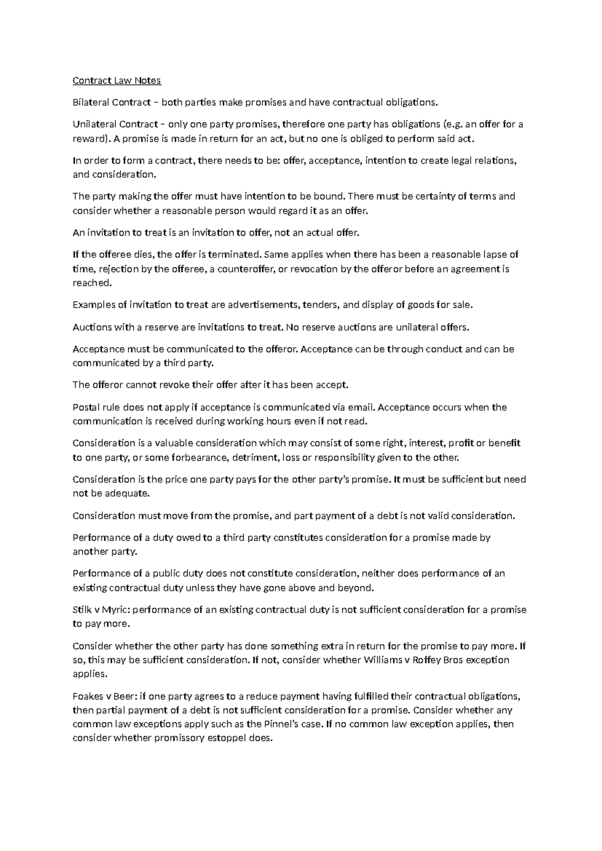 Contract Law Notes - Contract Law Notes Bilateral Contract – both ...