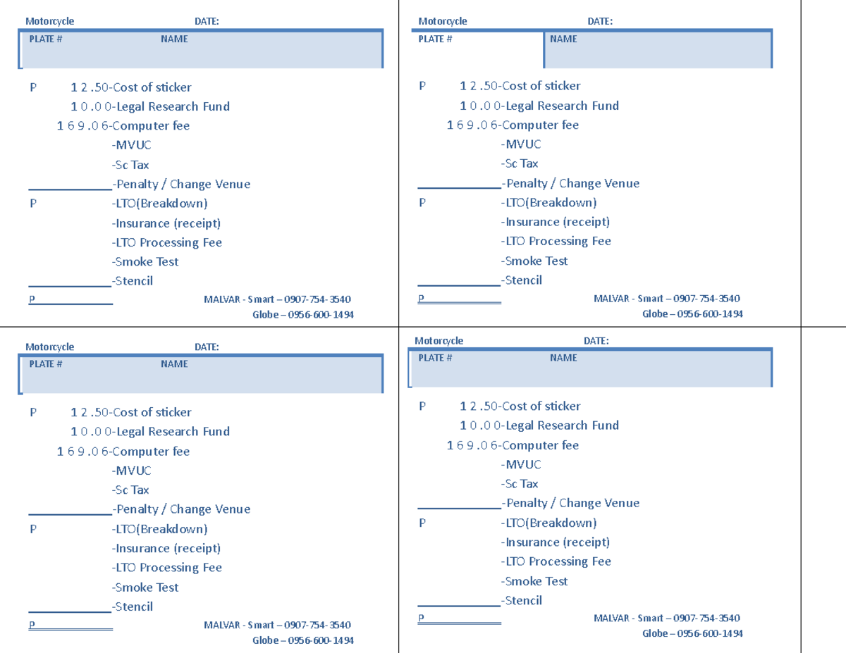 Motorcycle Insurance form - Motorcycle DATE: PLATE # NAME P 1 2 .50 ...