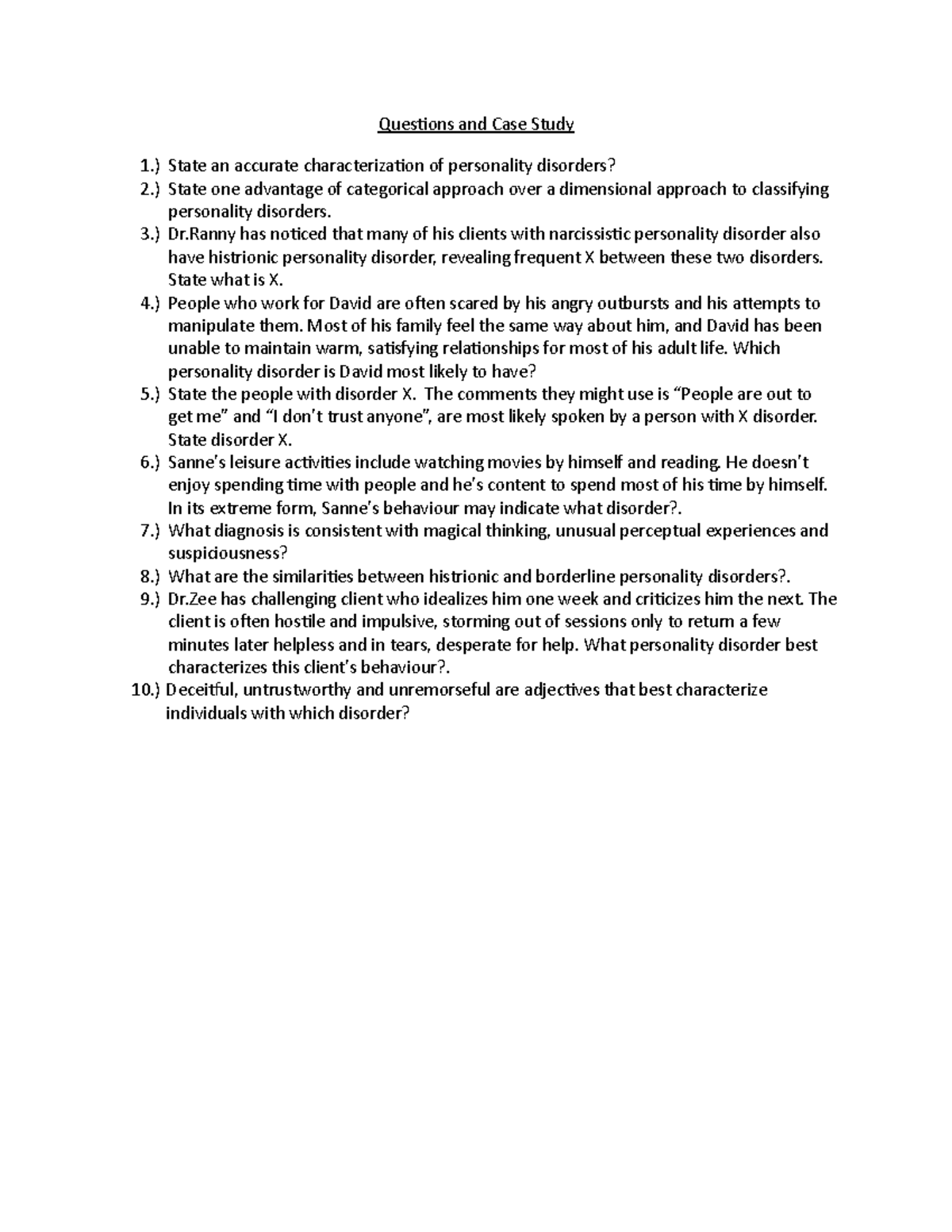 Week 12 Personality Disorder tutorial - Questions and Case Study 1 ...