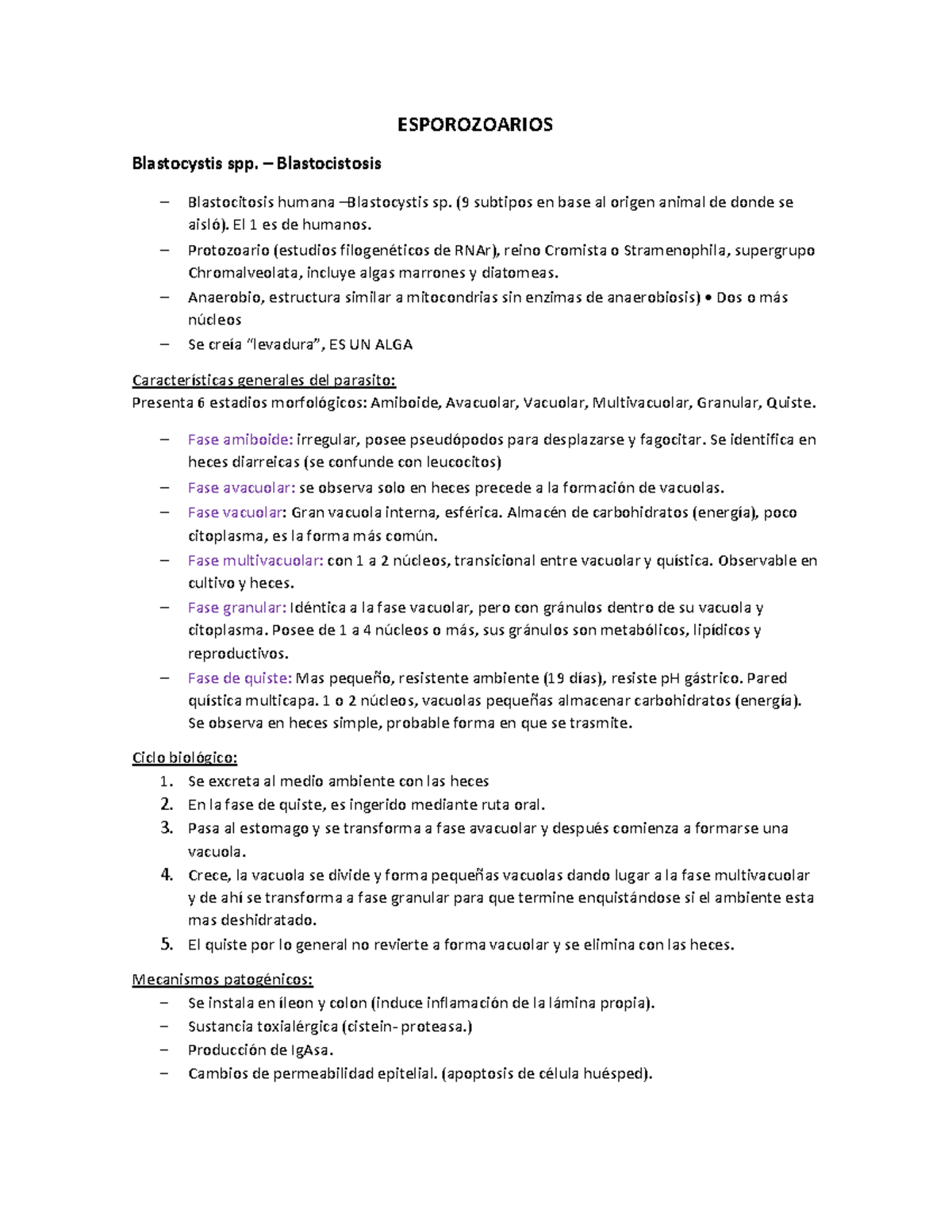 Esporozoarios Resumen Esporozoarios Blastocystis Spp