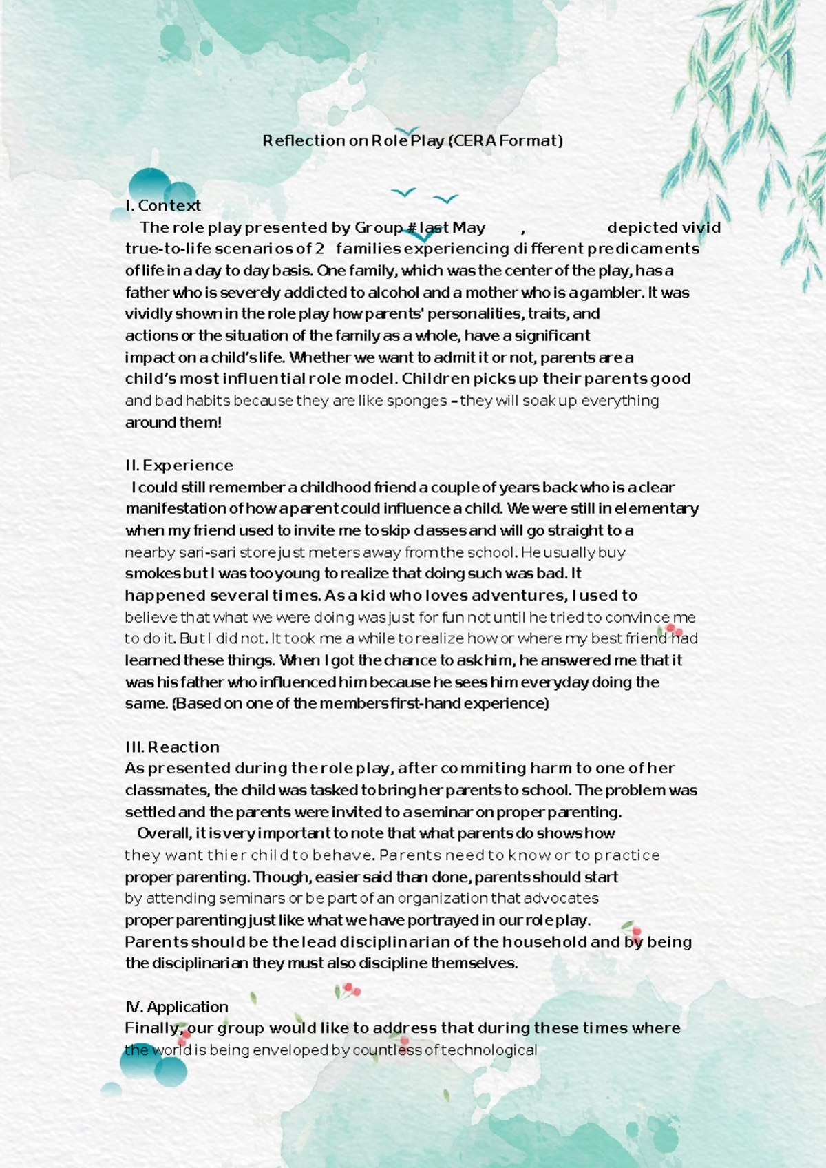 CERA Reflection-WPS Office - Reflection on Role Play CERA Format( ) I ...