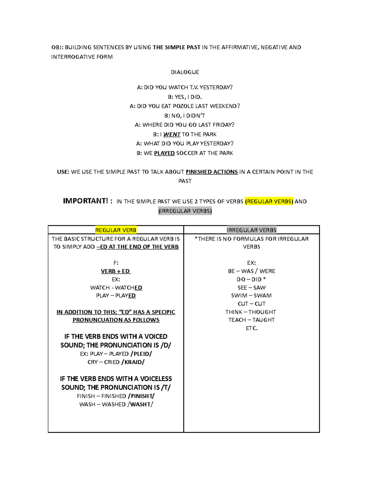 THE Simple PAST - OBJ: BUILDING SENTENCES BY USING THE SIMPLE PAST IN ...