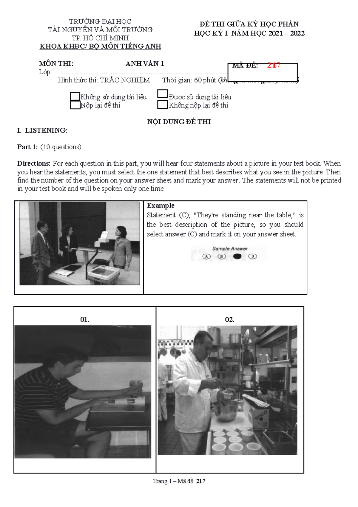 ĐỀ KIỂM TRA GIỮA KỲ ESL1 2021-2022 - TRƯỜNG ĐẠI HỌC TÀI NGUYÊN VÀ MÔI ...