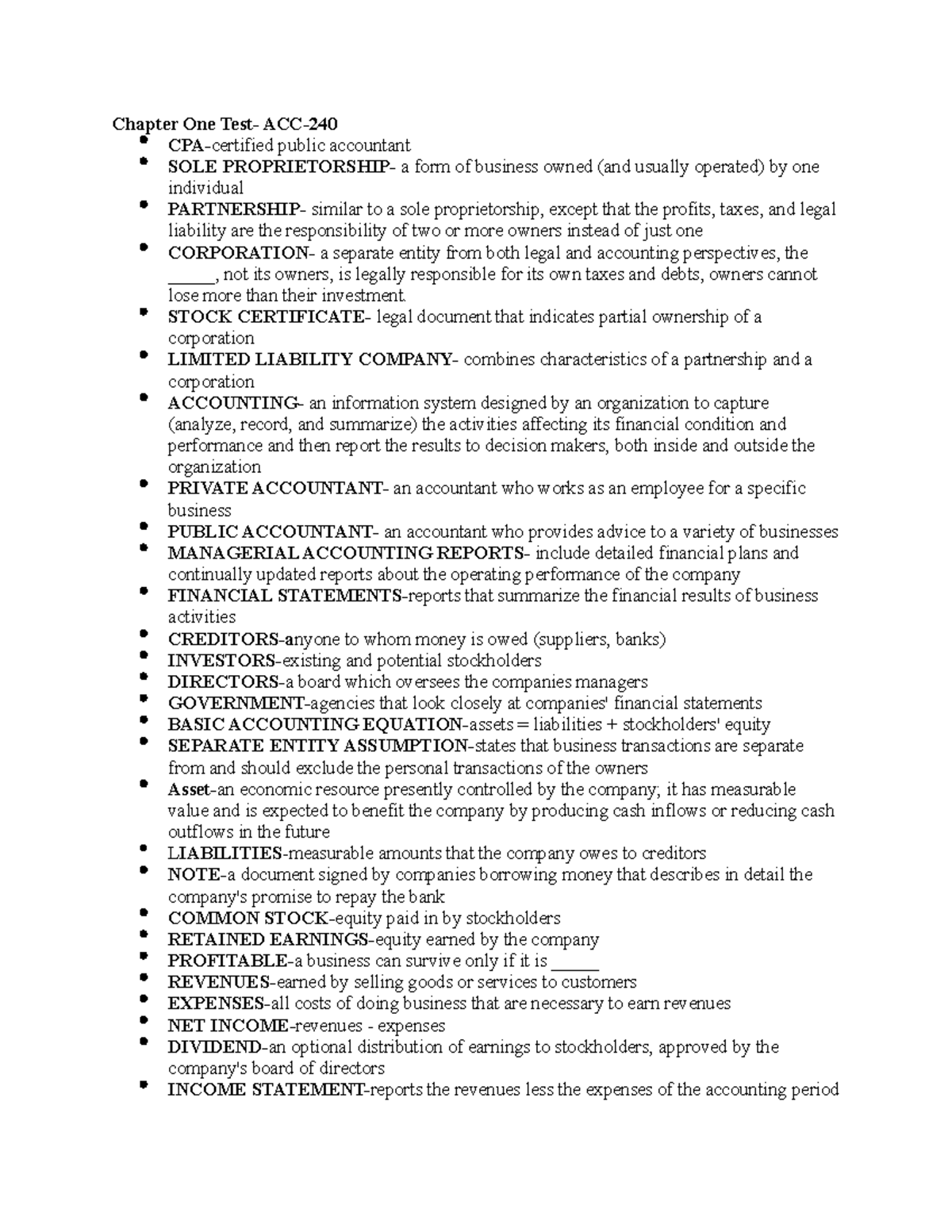 Chapter One - ACC 240 - Lecture notes 1 - Chapter One Test- ACC-240 CPA ...