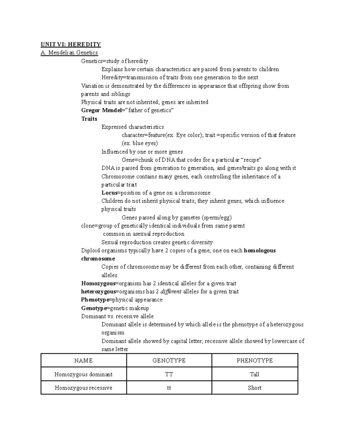 Bio Notes 3 - UNIT VI: HEREDITY A. Mendelian Genetics Genetics=study of ...