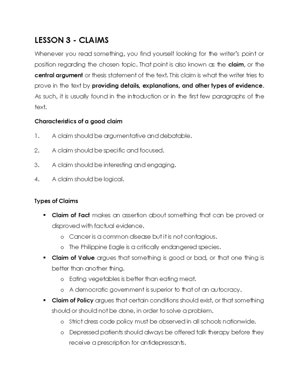 lesson 3 claims - LESSON 3 - CLAIMS Whenever you read something, you ...