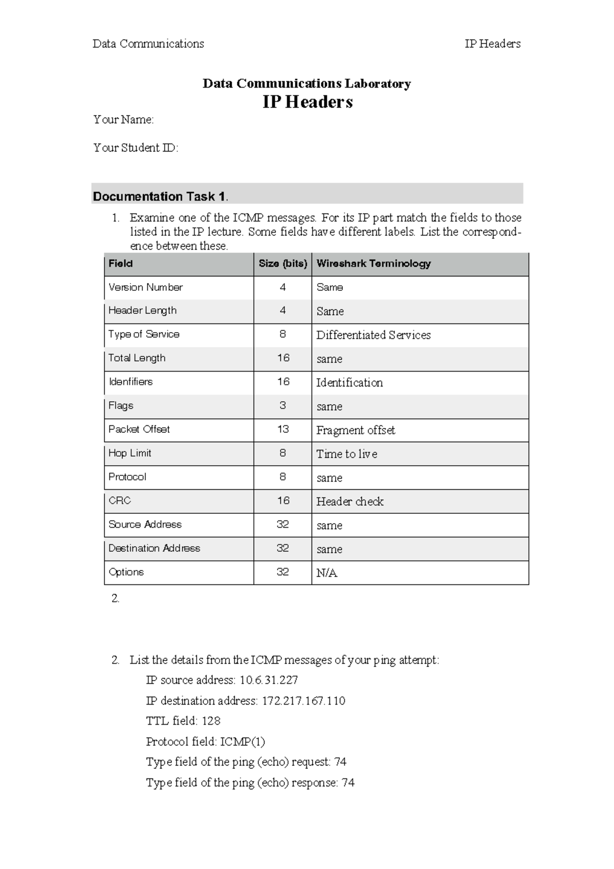Practical Ip Headers Documentation Template Data Communications Laboratory Ip Headers Your