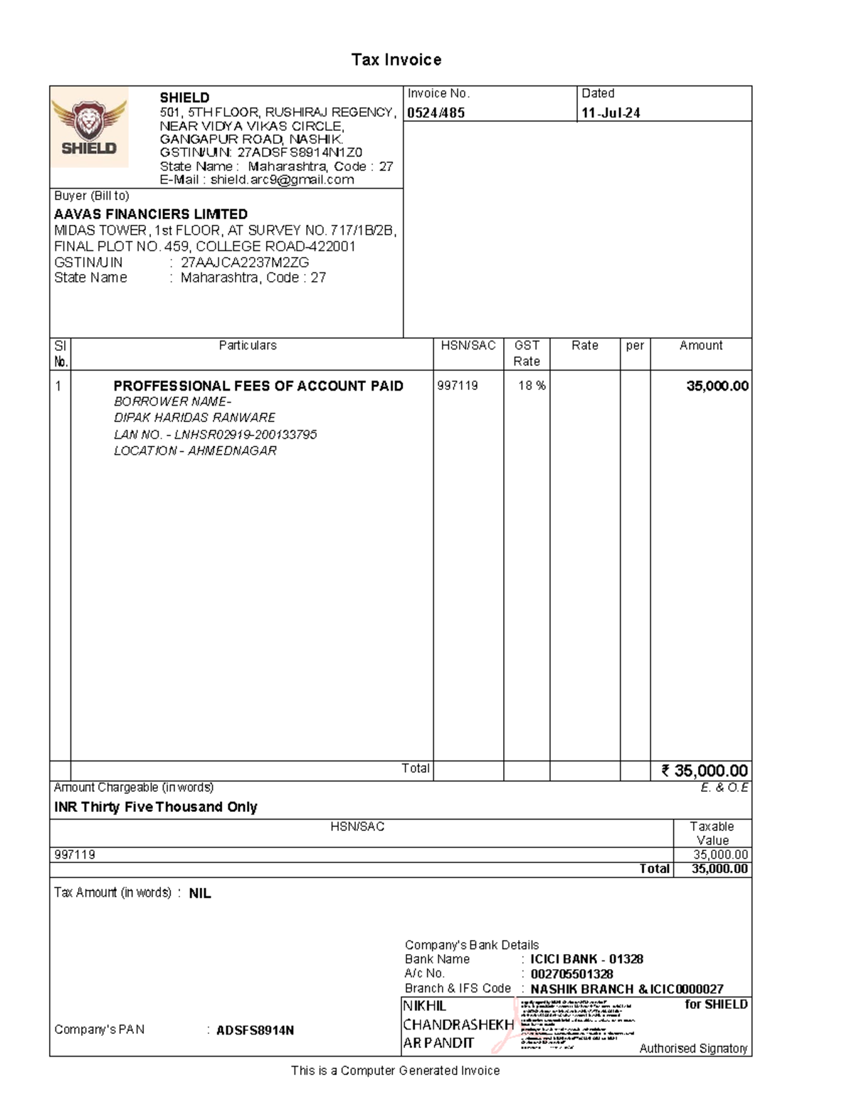 0524-485 - AAA - Tax Invoice SHIELD 501, 5TH FLOOR, RUSHIRAJ REGENCY ...