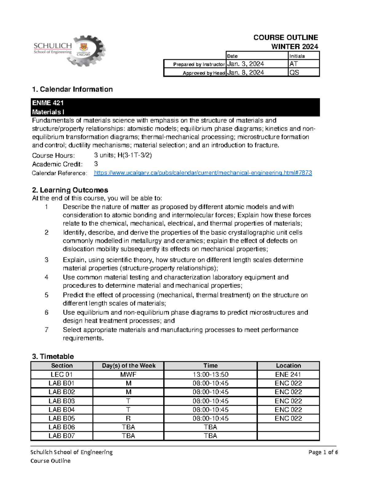 ENME421- Winter 2024-Course Outline - Initials AT QS Course Hours ...