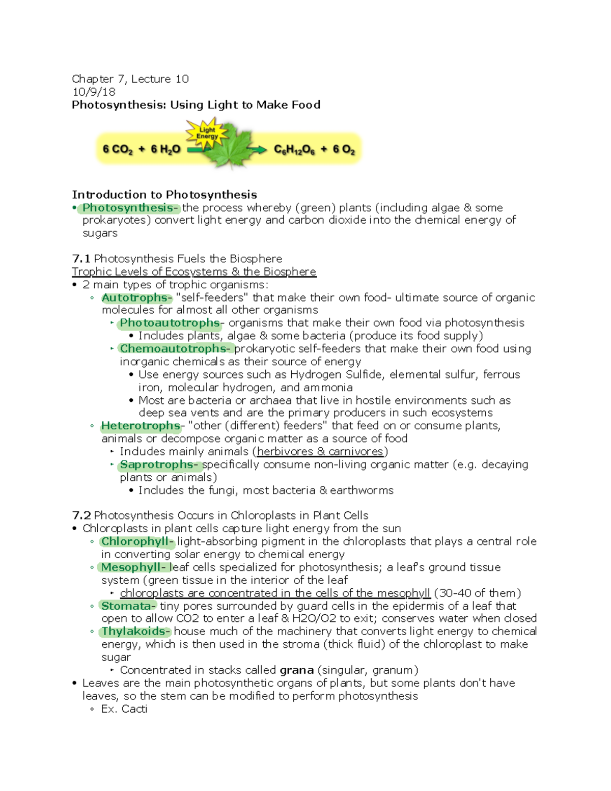 Chapter 7 - Chapter 7, Lecture 10 10/9/ Photosynthesis: Using Light to ...