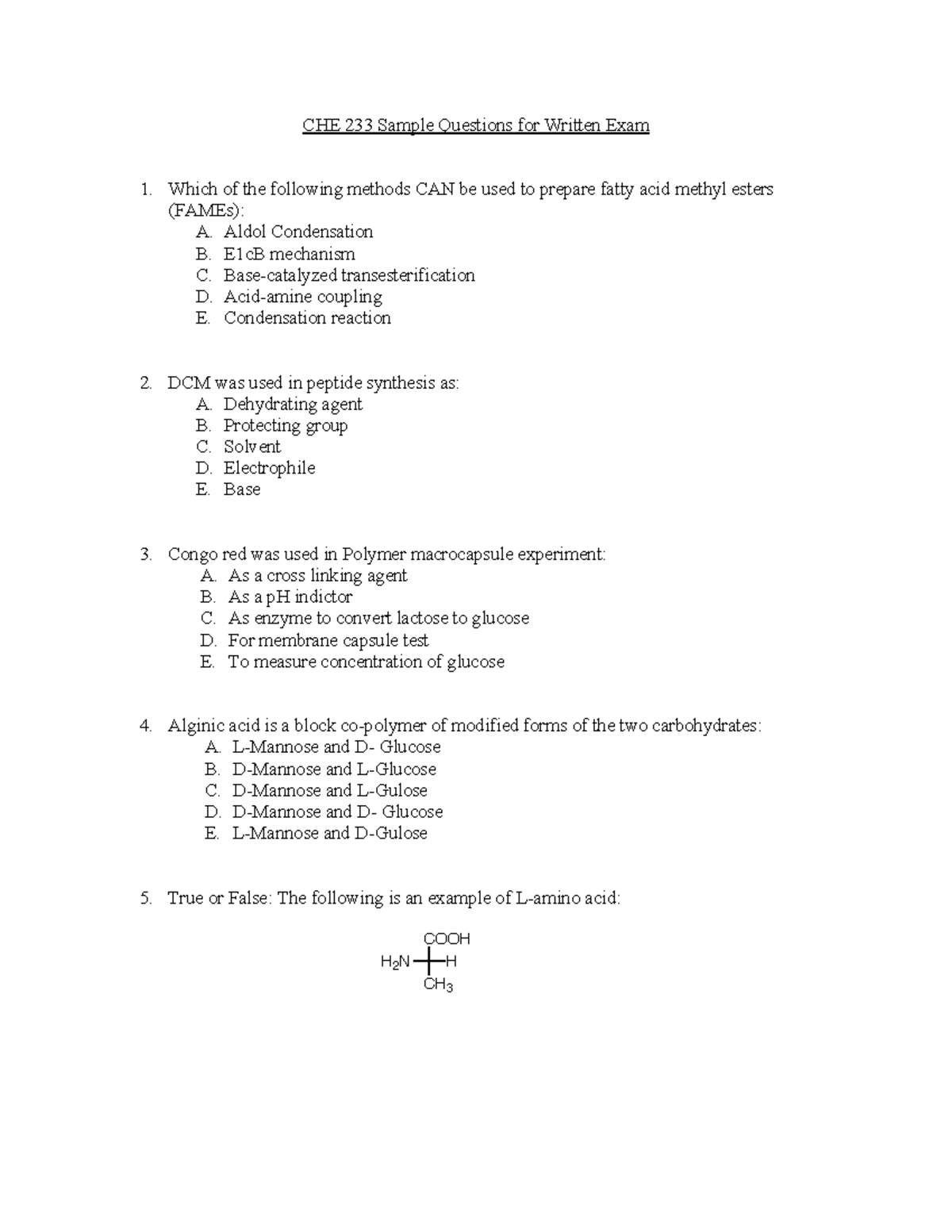 CHE233 sample questions for exam - CHE 233 Sample Questions for Written ...