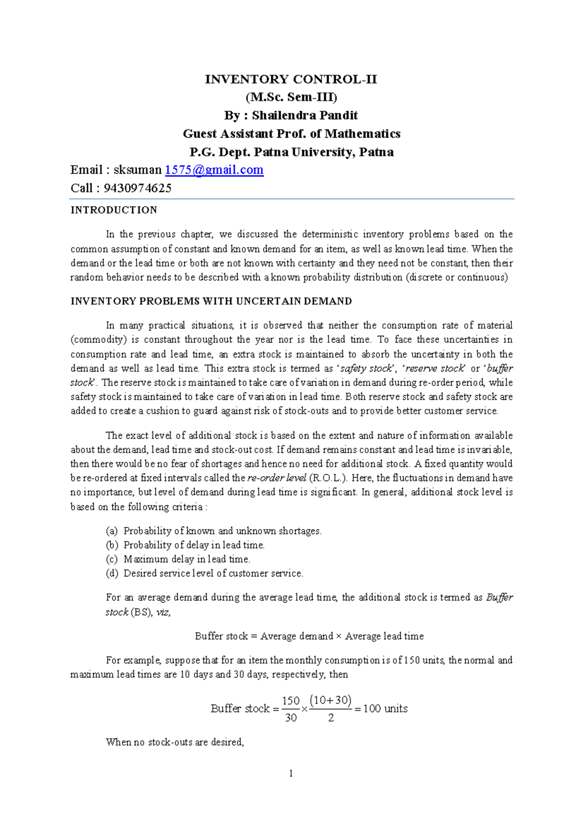 MSc Math 129 - Good notes on Inventory management - INVENTORY CONTROL ...