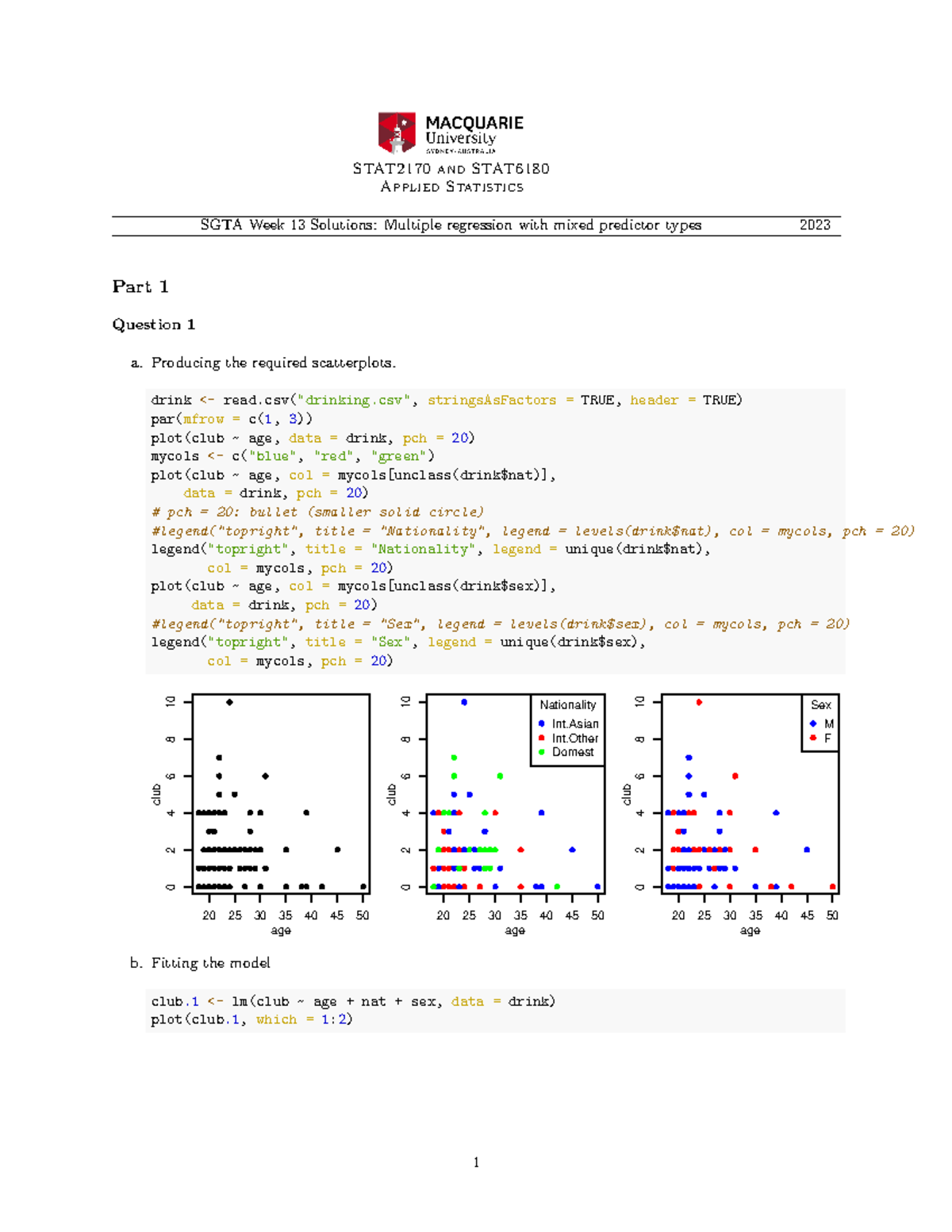 STAT270 Tutorial Week13 Solutions - STAT2170 and STAT Applied Statistics SGTA Week 13 Solutions ...