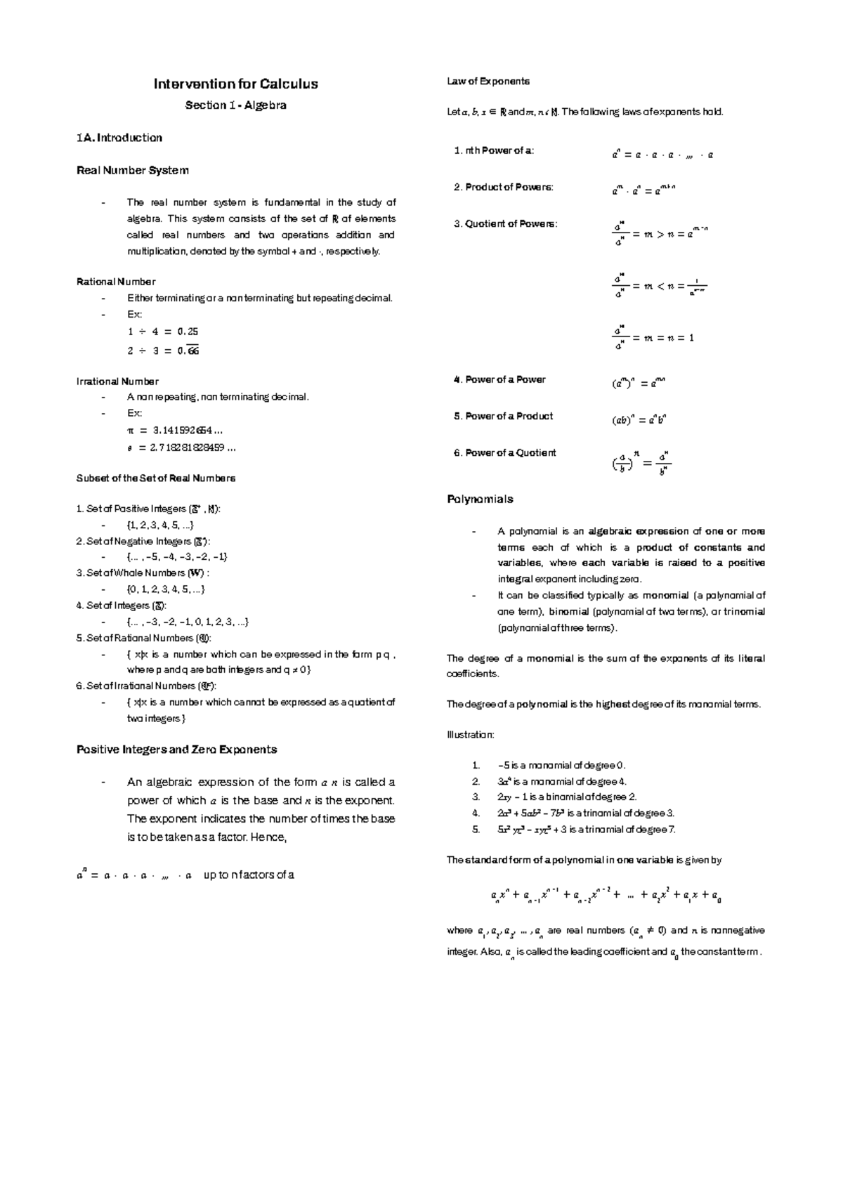 Intervention for Calculus - Intervention for Calculus Section 1 ...