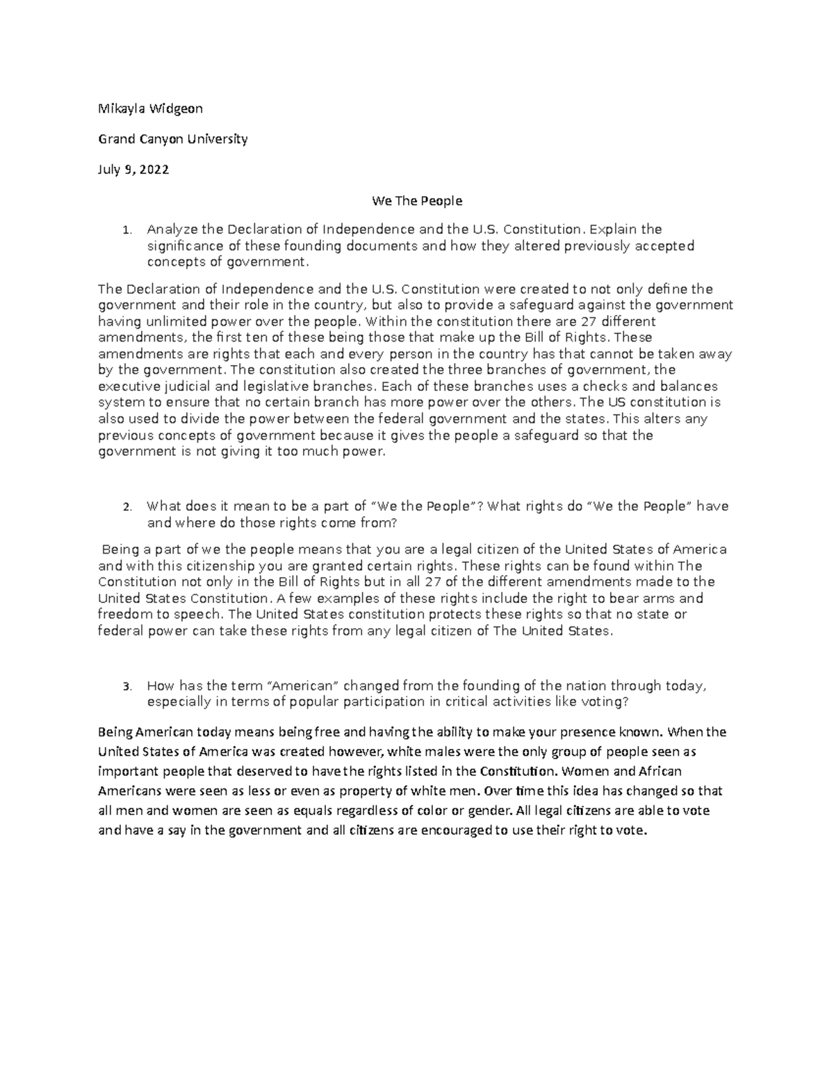 We the people assignment - Mikayla Widgeon Grand Canyon University July ...