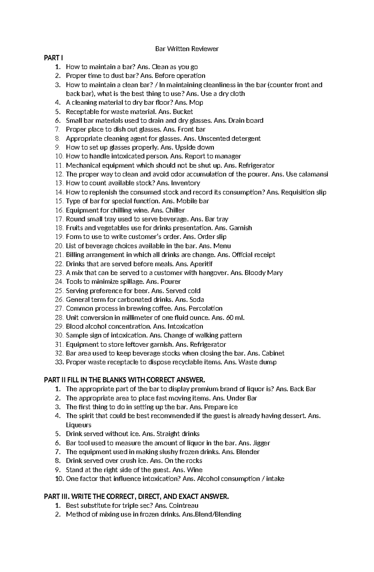 Yami Bar Questionnaire - Bar Written Reviewer PART I How to maintain a ...