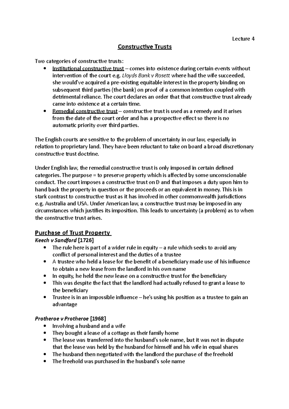 Lecture 4 - constructive trusts - Lecture 4 Constructive Trusts Two categories of constructive ...