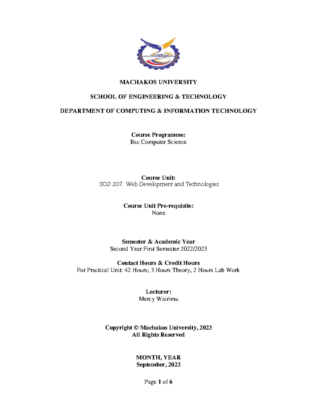 SCO 207 Web Dev - Course Outline - MACHAKOS UNIVERSITY SCHOOL OF ...