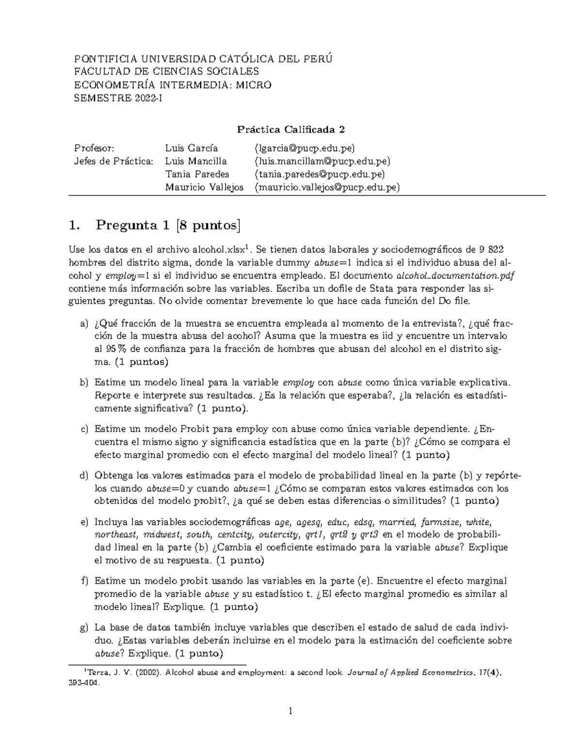 Pr Ã¡ctica Calificada 2 - Econometr Ã a Intermedia - PONTIFICIA UNIVERSIDAD CAT ́OLICA DEL PER ...
