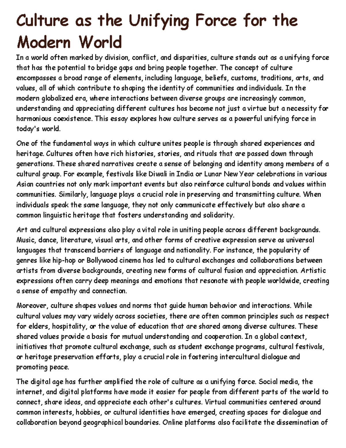 Culture as the Unifying Force for the Modern World - The concept of ...