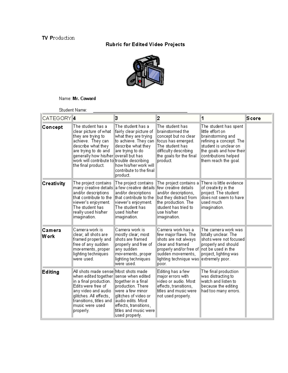 TV Production Rubric - Edited Video Projects - TV Production Rubric for ...