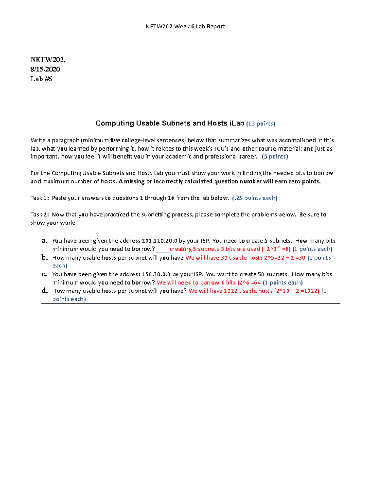 Week 7 cisco project - NETW202, 8/15/ Lab Computing Usable Subnets and ...