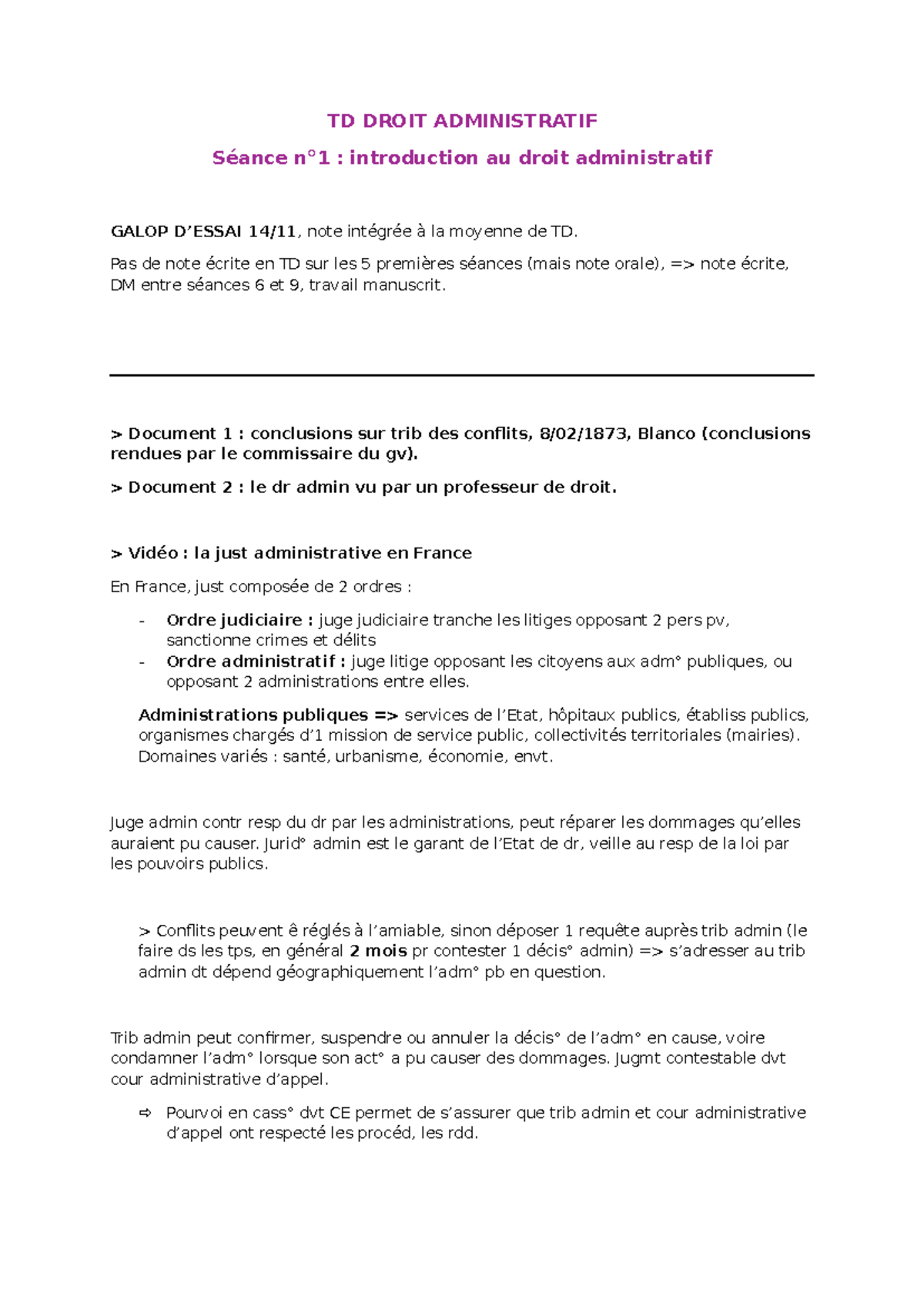 Td - Note de td. - TD DROIT ADMINISTRATIF Séance n°1 : introduction au droit administratif GALOP ...