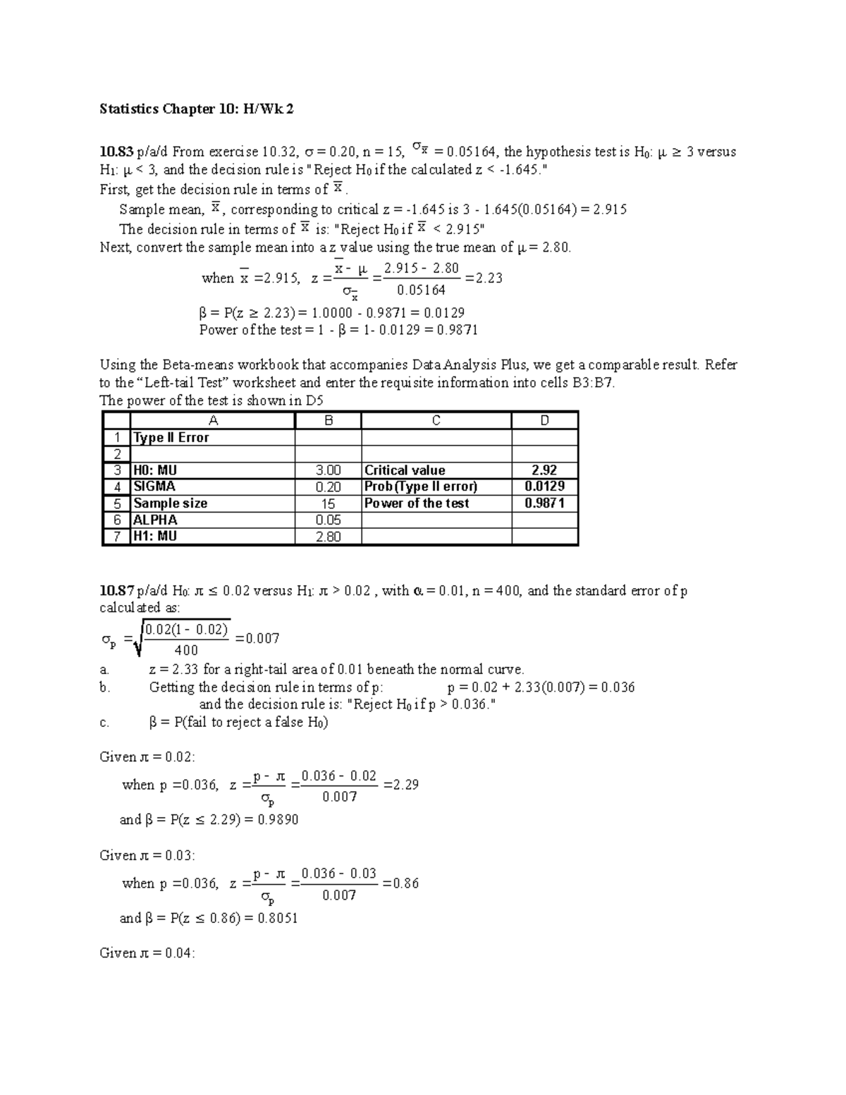 Chapter 10 Hwk 2 Solutions - Statistics Chapter 10: 2 10 From exercise ...