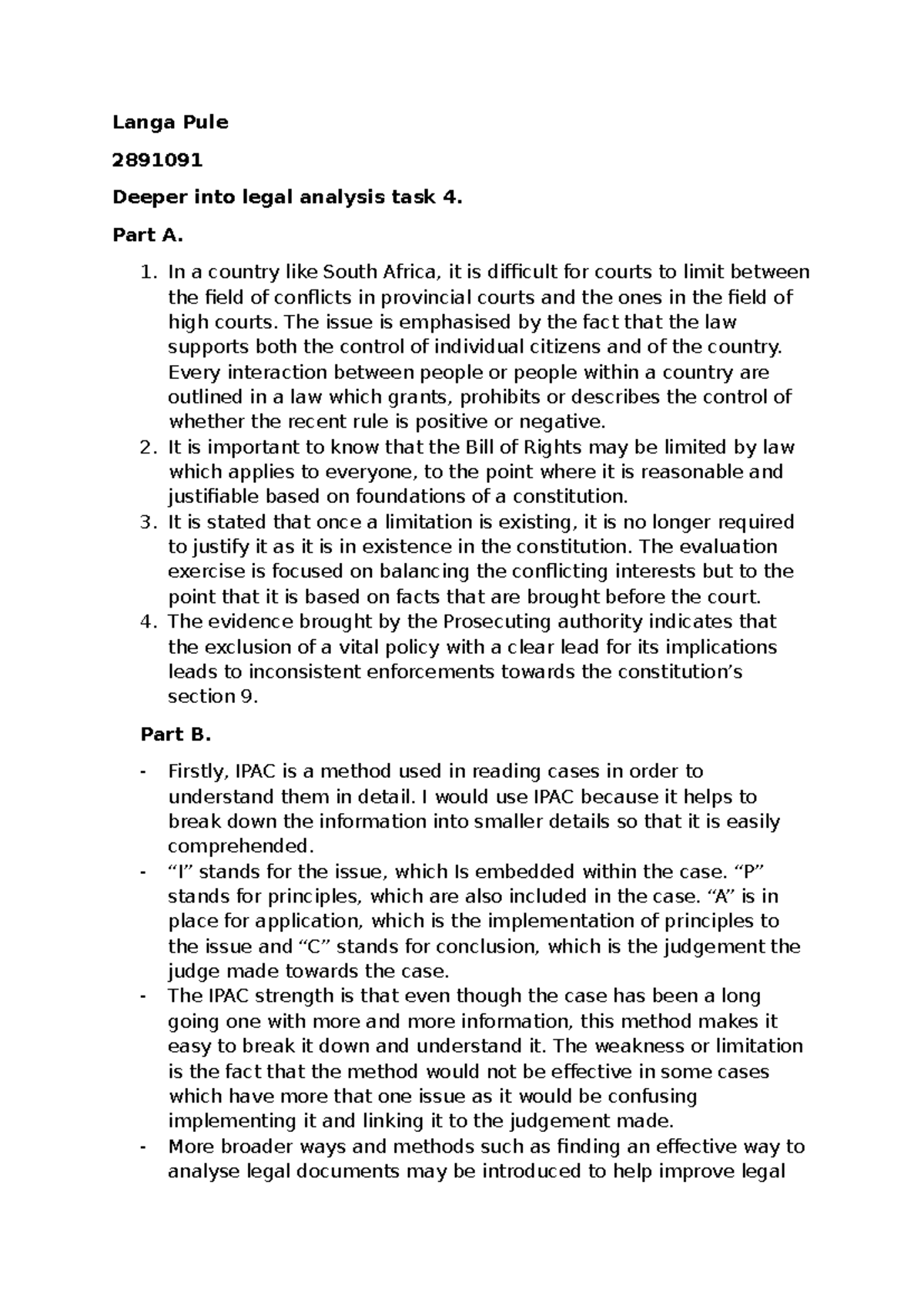 Deeper into legal analysis task 4 - Langa Pule 2891091 Deeper into ...