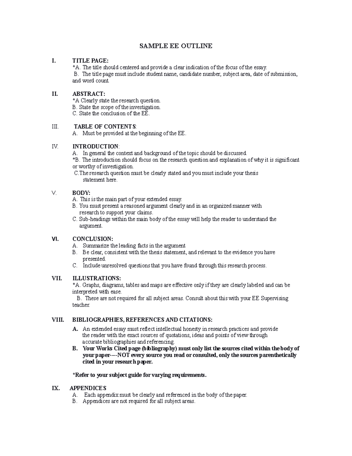 Sample EE Outline - SAMPLE EE OUTLINE I. TITLE PAGE: *A. The title ...