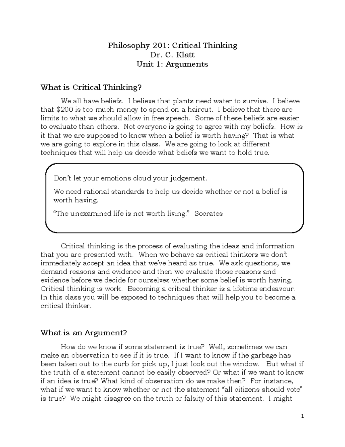 Unit 1 Class 1 Arguments Lecture Notes Philosophy 201 Critical