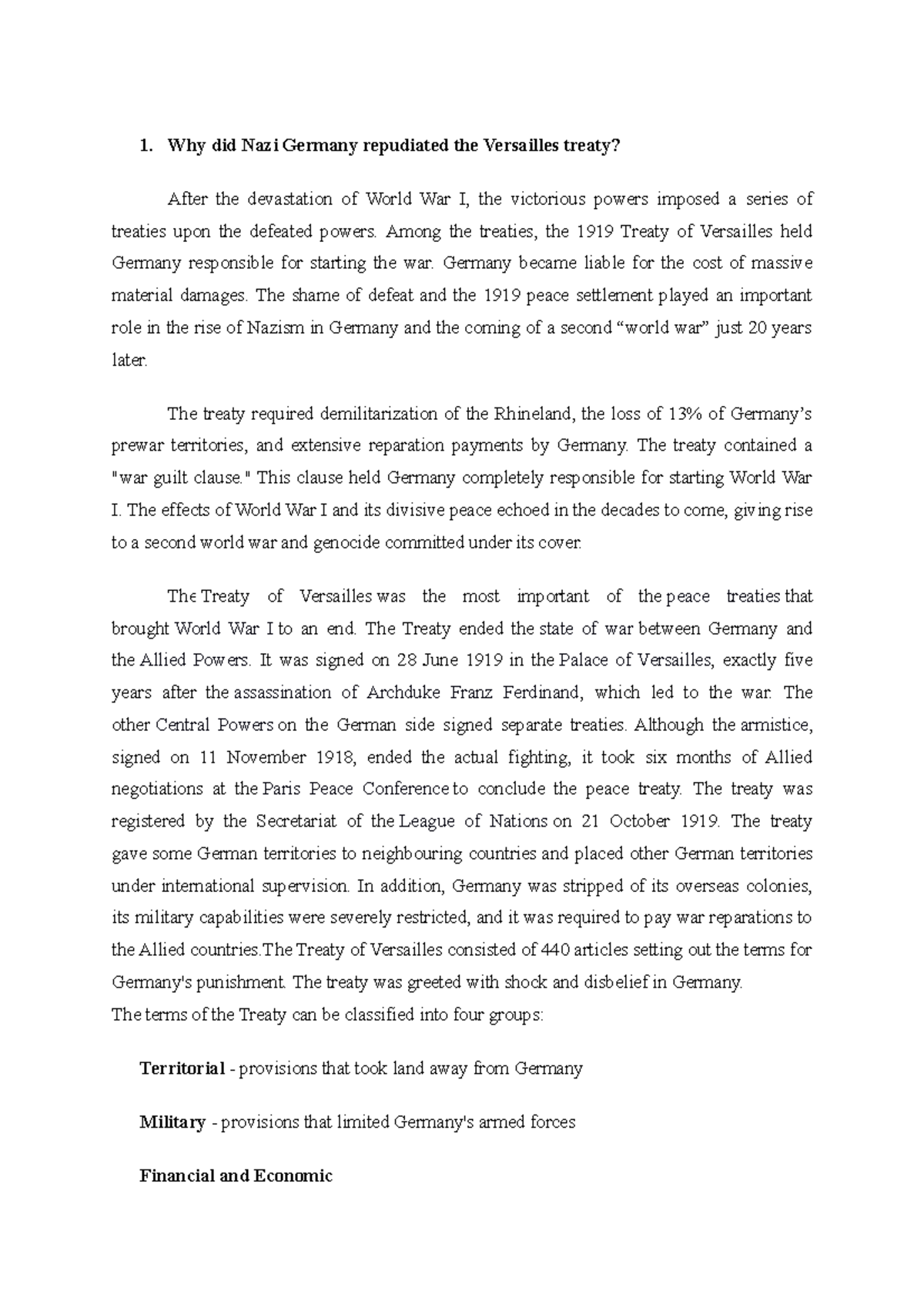 My Stella Assignment - 1. Why did Nazi Germany repudiated the ...