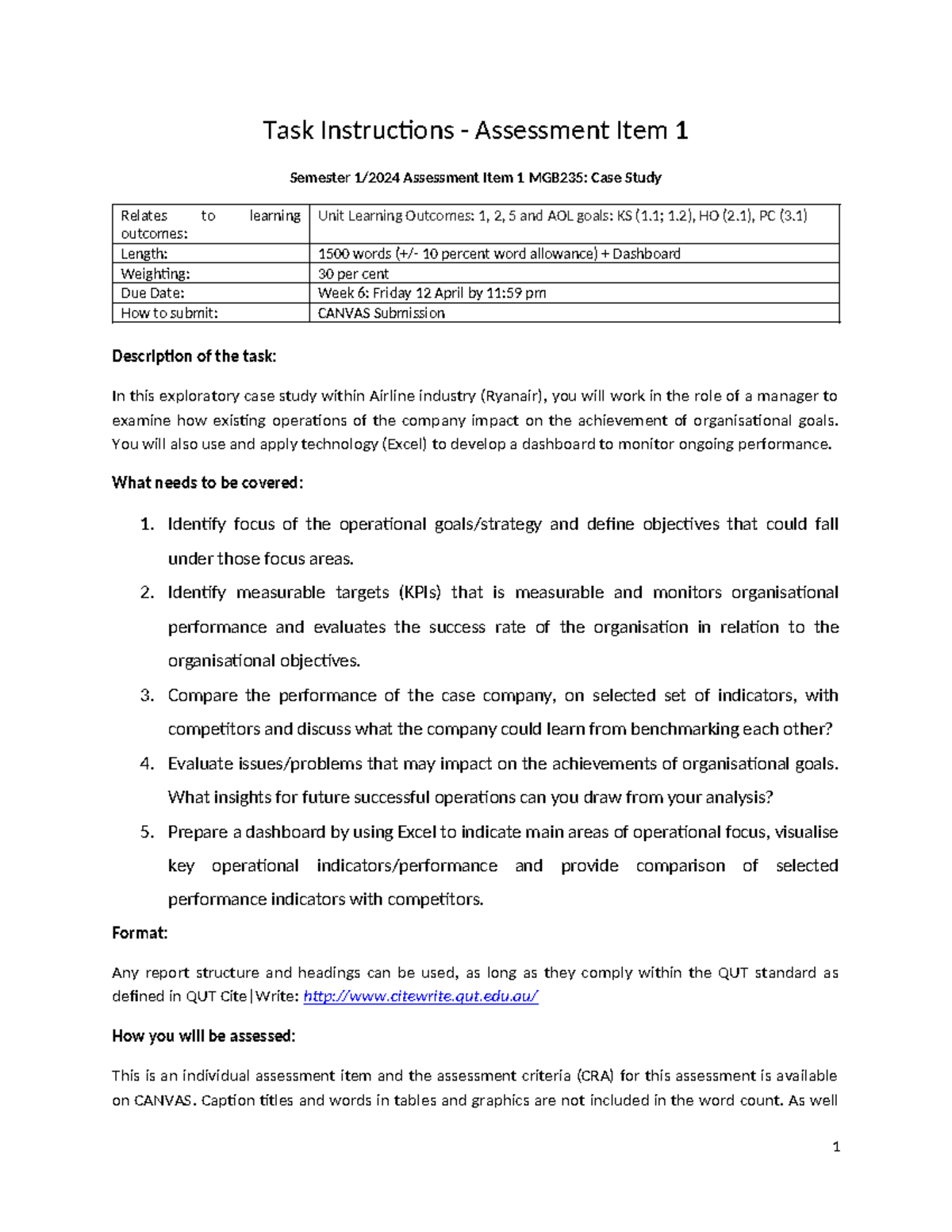 MGB235 Assessment 1 - Task Sheet - Task Instructions - Assessment Item ...