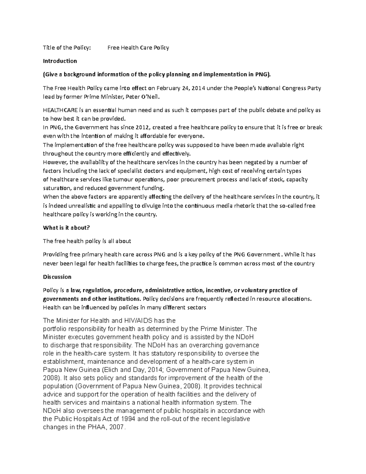 Free Health Policy - Title of the Policy: Free Health Care Policy ...