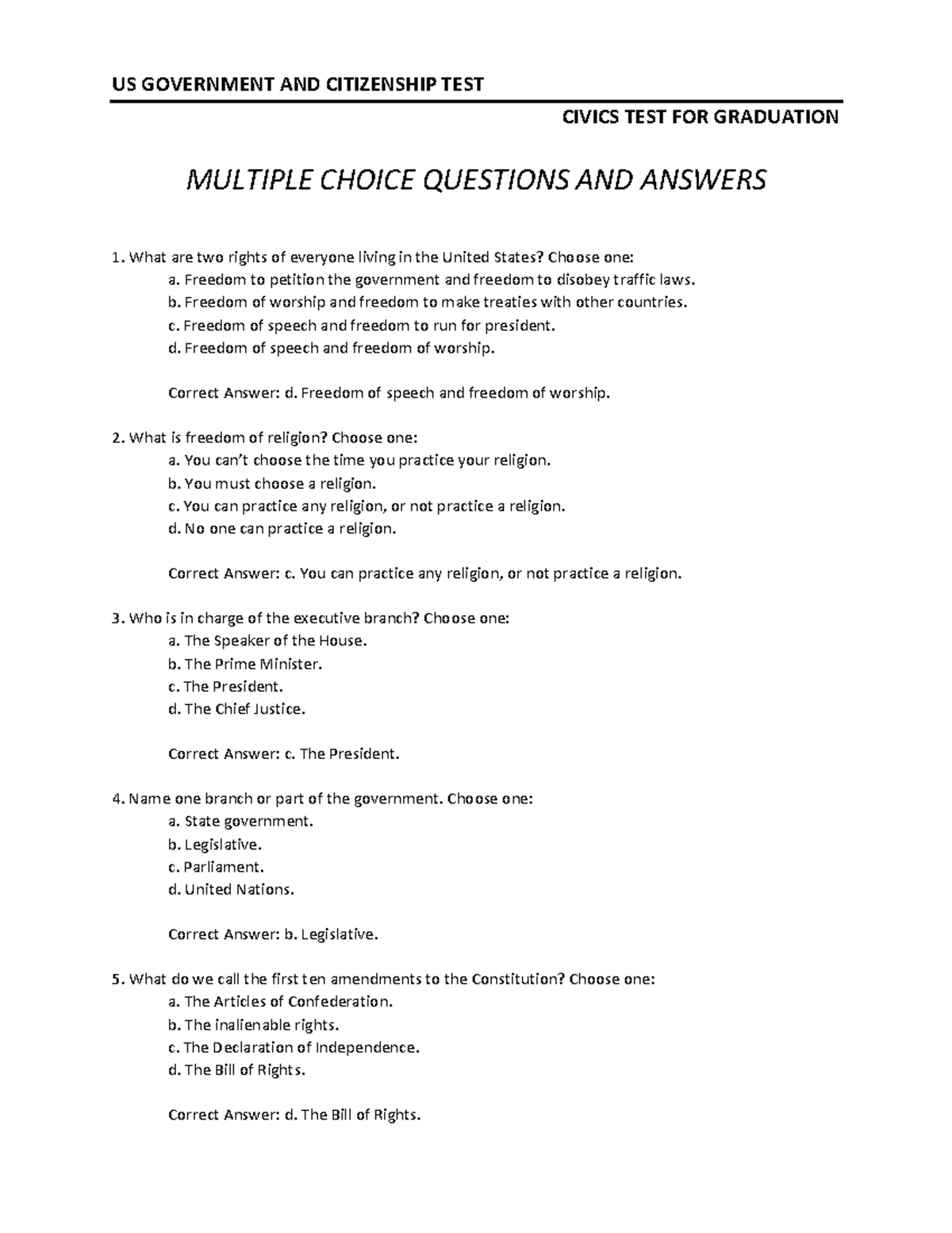 USGovernment Multiple Choice Quesitonsand Answers 2019 - US GOVERNMENT ...