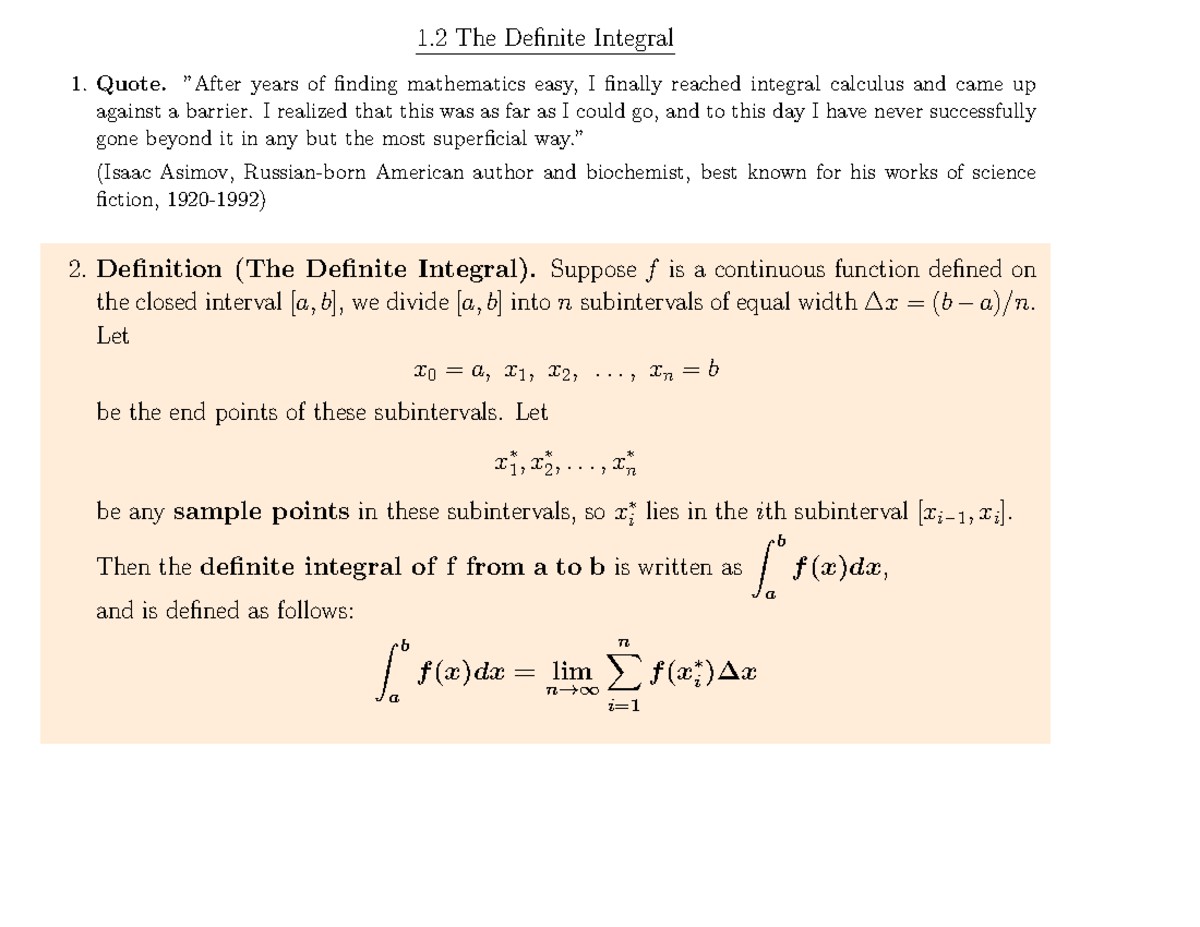 MATH-152 Lecture 2 - Define Integrals - 1 The Definite Integral ”After ...
