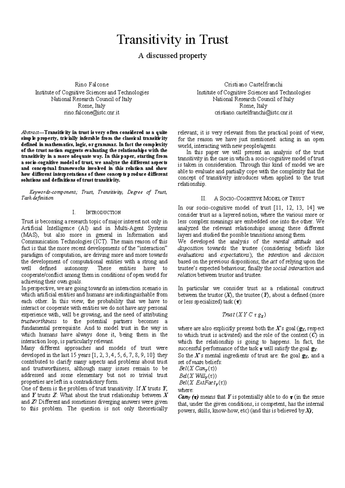 Transitivity in Trust Falcone Castelfranchi - Transitivity in Trust A ...