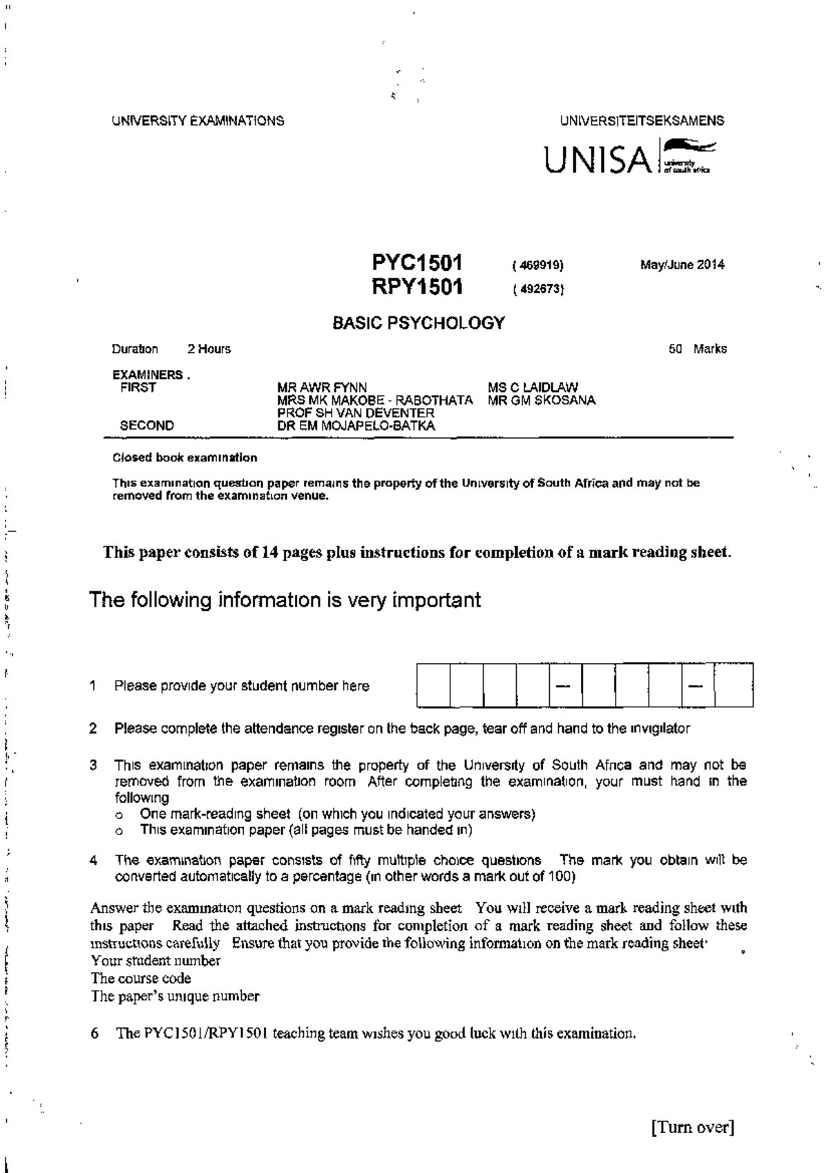 PYC1501 2014 6 E 1 - Exam paper - PYC1501 - Studocu