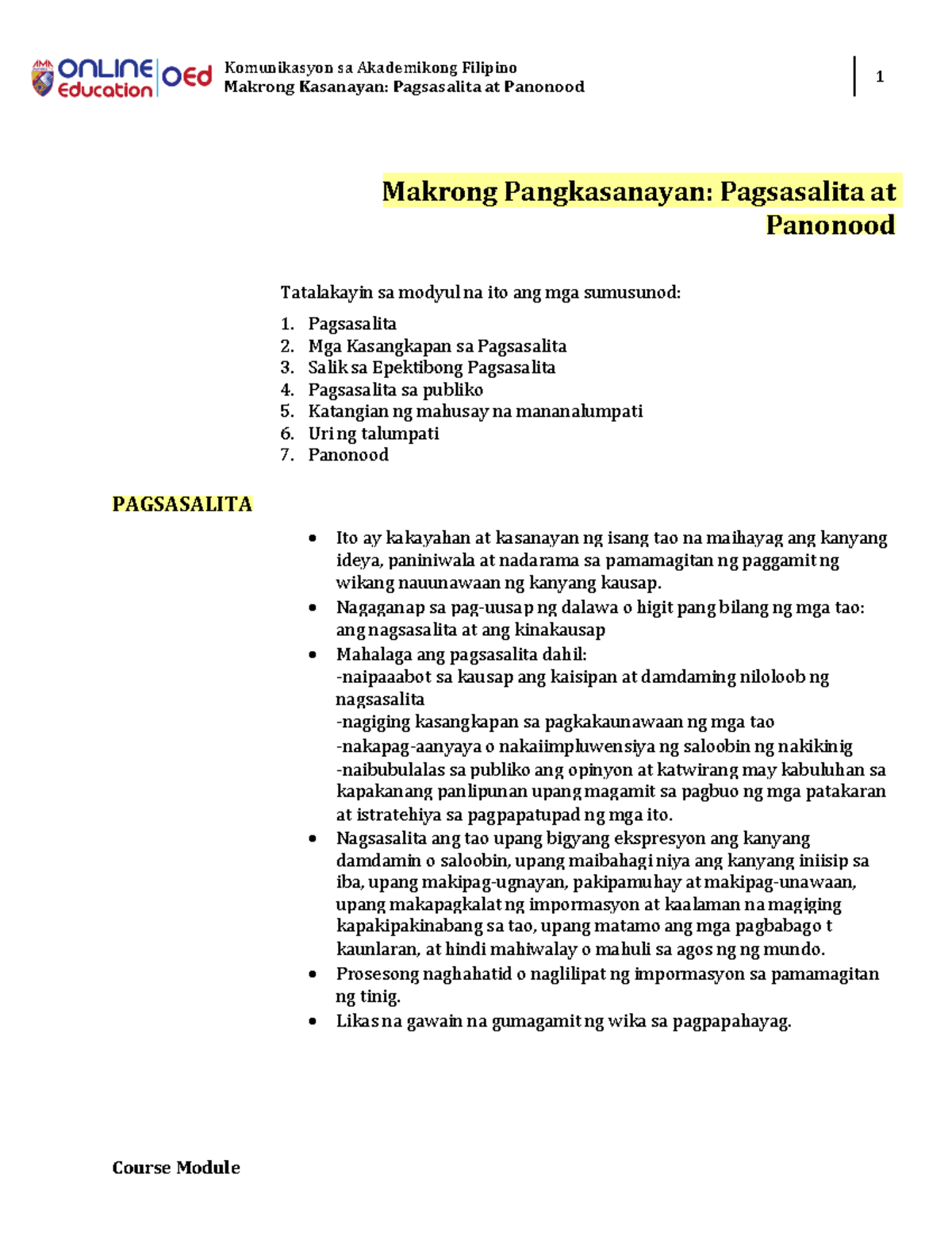 W11 Aralin 8 - Makrong Pangkasanayan, Pagsasalita at Panonood - Module ...