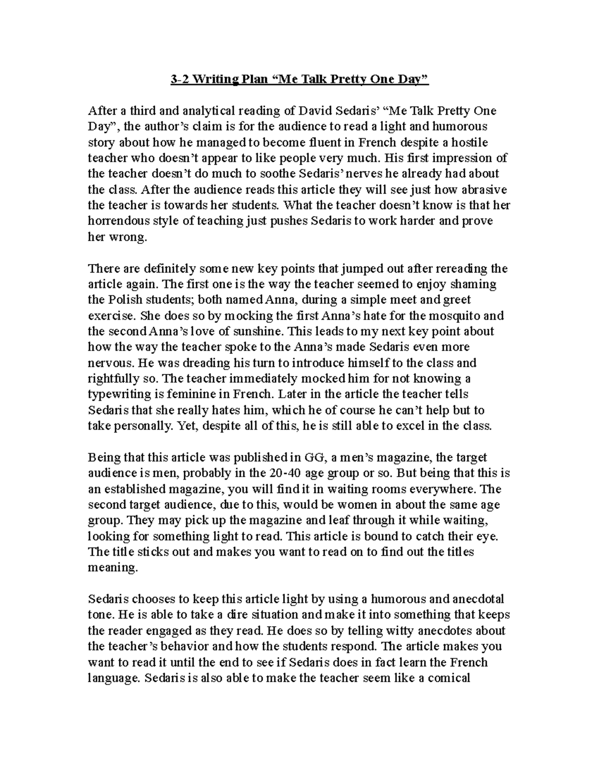 3-2 Writing Plan Sedaris - 3-2 Writing Plan “Me Talk Pretty One Day ...