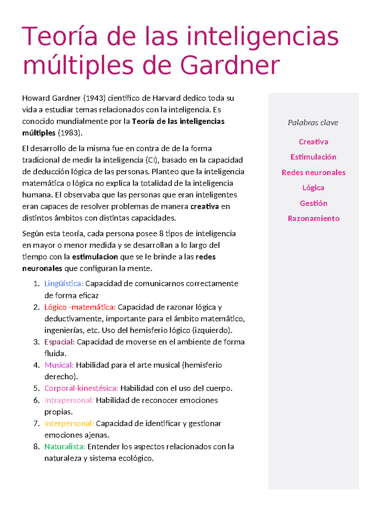 Resumen M2 L1 - Teoría de las inteligencias múltiples de Gardner Howard ...