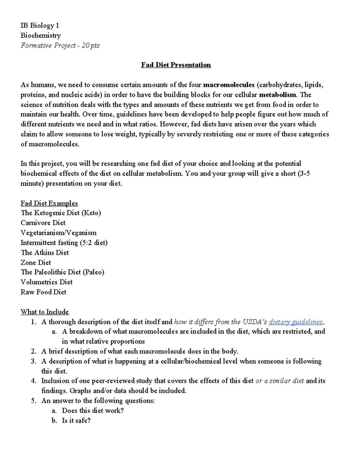 Fad Diet Presentation - IB Biology 1 Biochemistry Formative Project ...