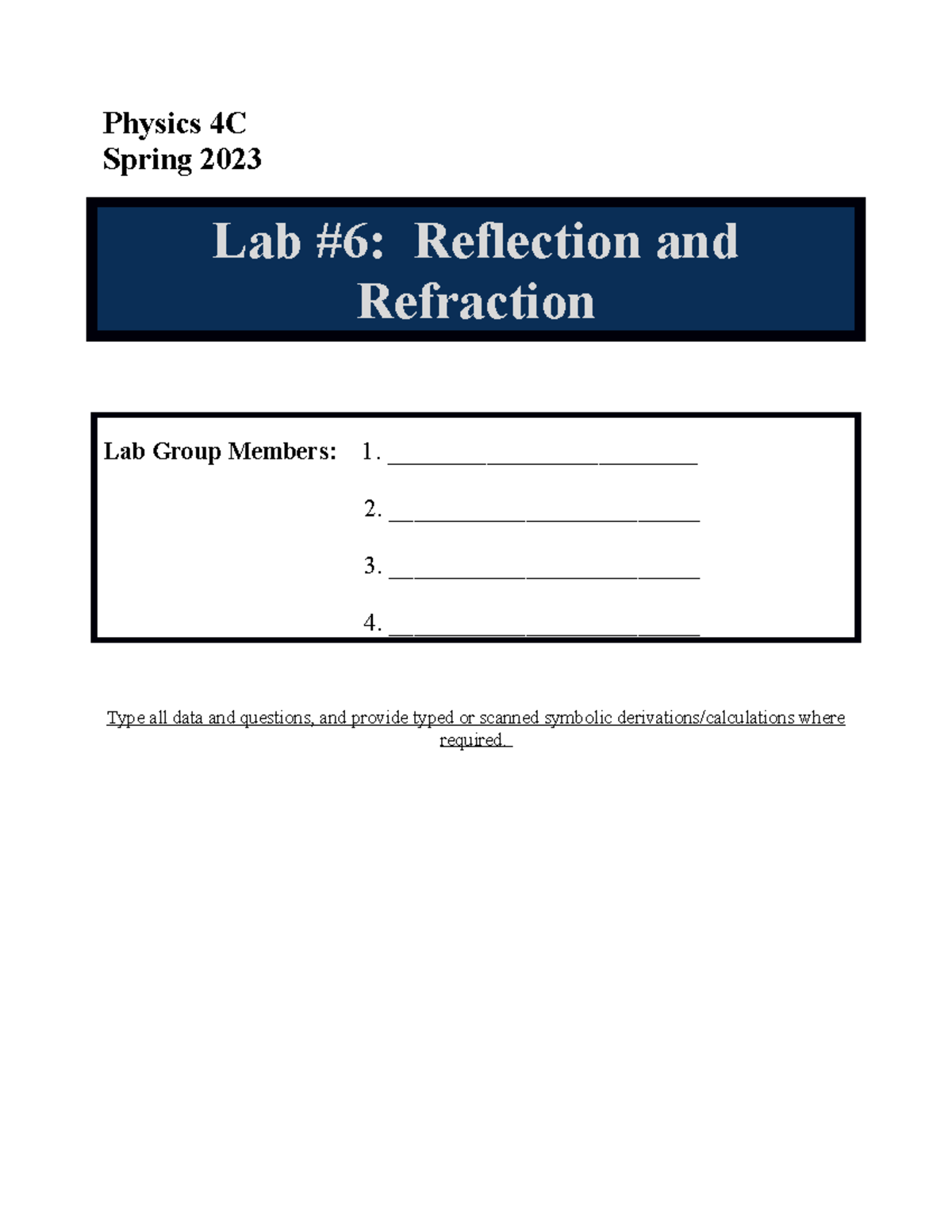 Lab 6 Reflection And Refraction 2 Physics 4c Spring 2023 Lab 6